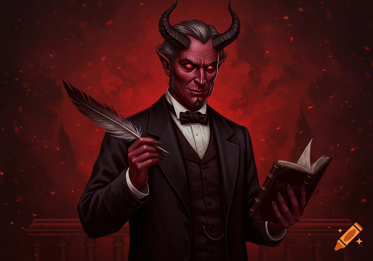 A devil in a suit holds a book and quill against a red background. on Craiyon