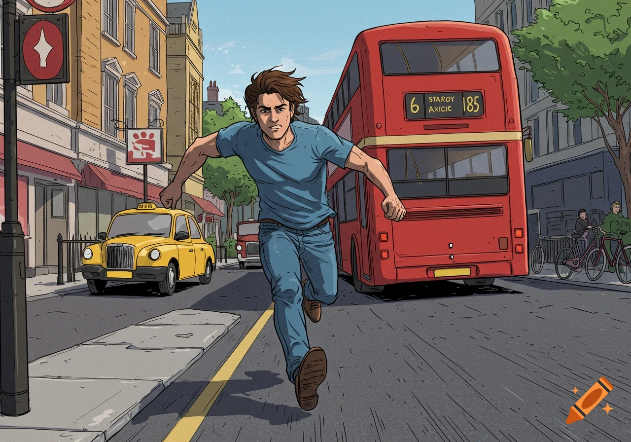 Illustration of a man running down a street after a red double-decker ...