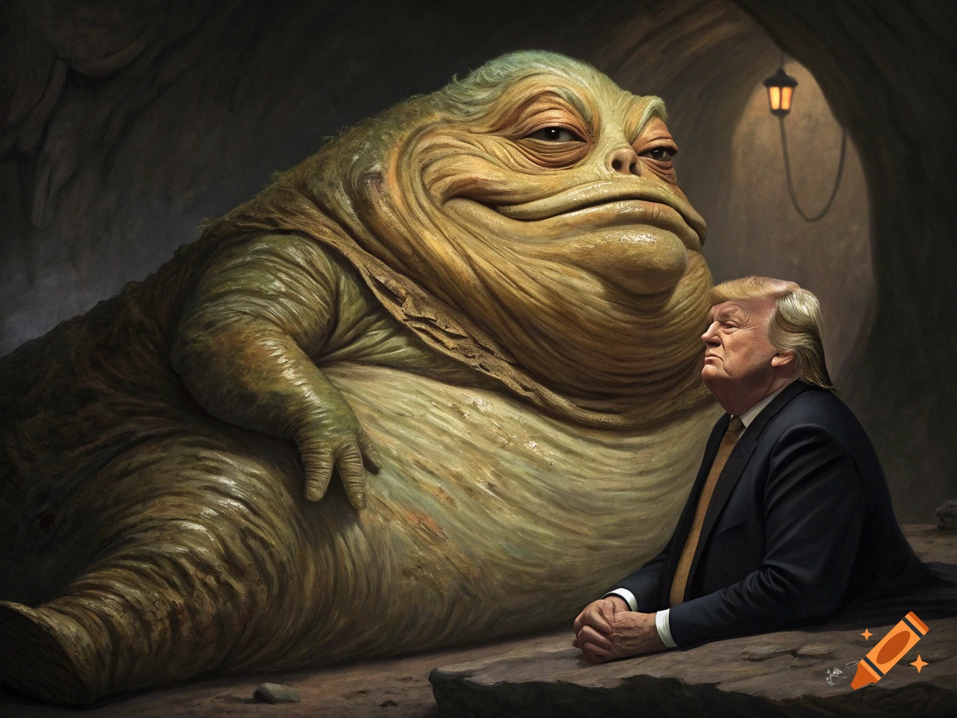 Jabba the Hutt sits next to Donald Trump in a cave. on Craiyon
