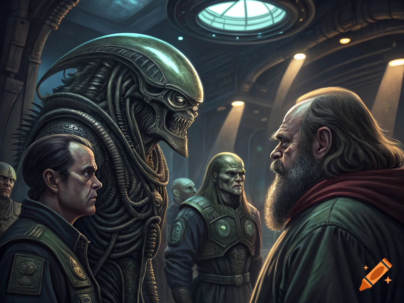 An alien and humans face off in a futuristic room. on Craiyon