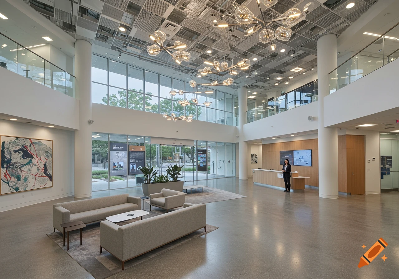 A large, modern tech company headquarters foyer with seating areas, a ...