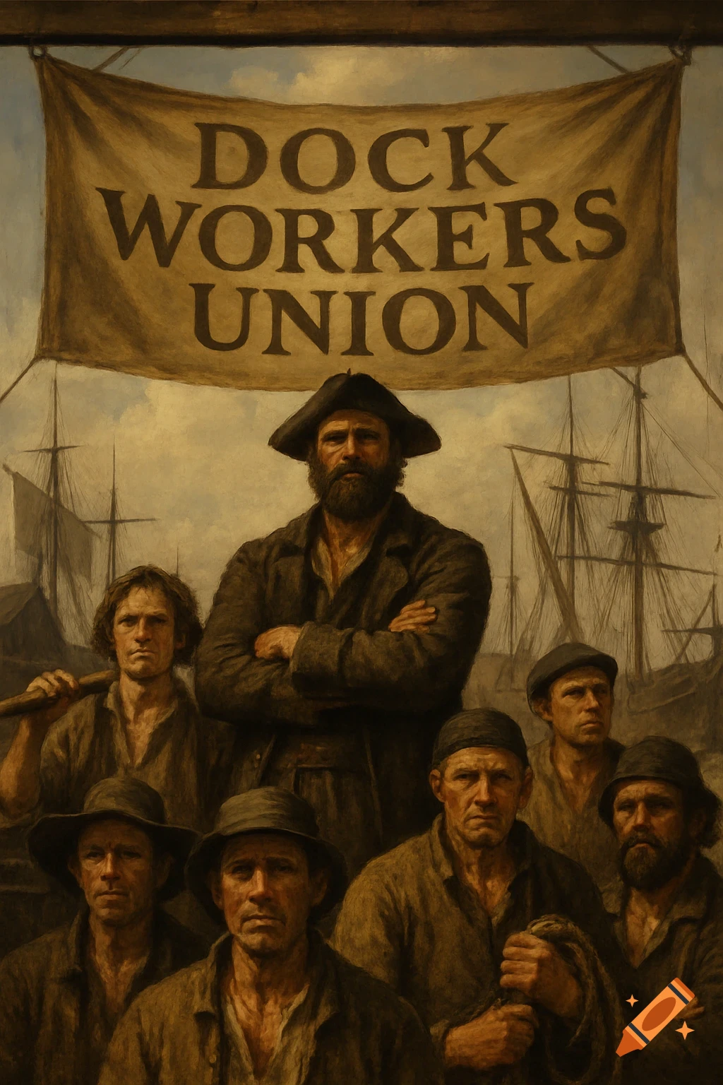 Painting of a group of historical dock workers standing under a banner ...