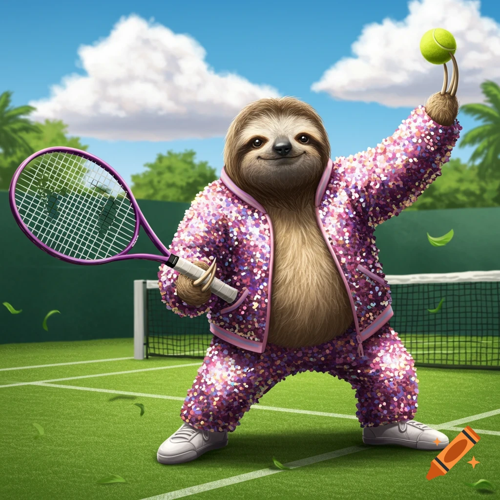 A sloth in a sparkly purple sequined jogging suit plays tennis on a ...