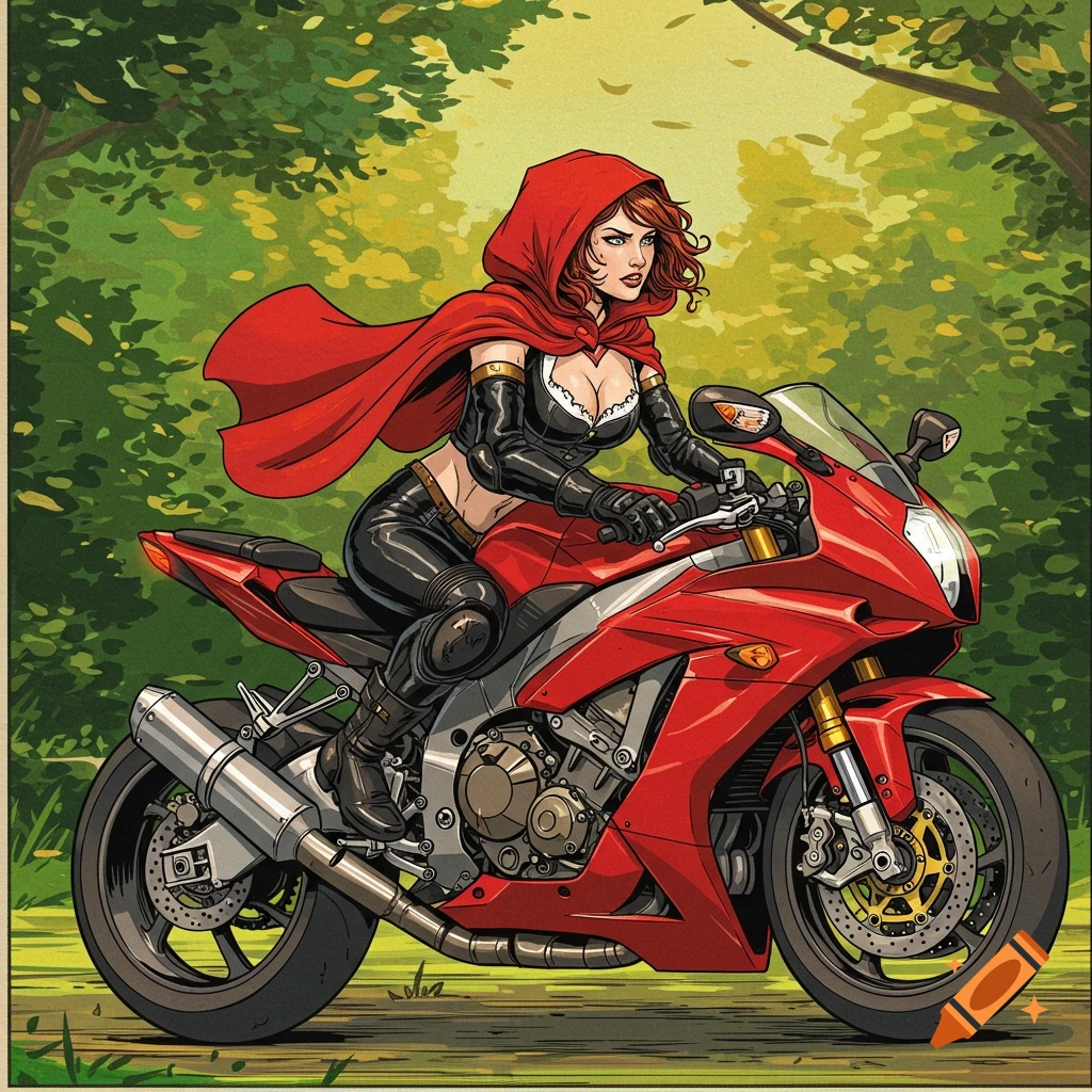 Red Riding Hood rides a red sportbike on a forest road in a comic book ...