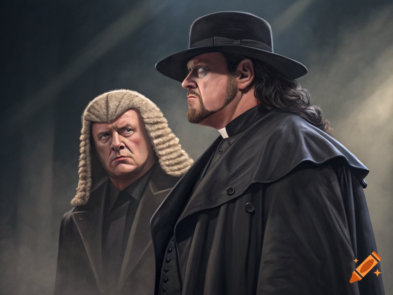 Two men, one in a judge's wig and robe, the other in a hat and trench ...