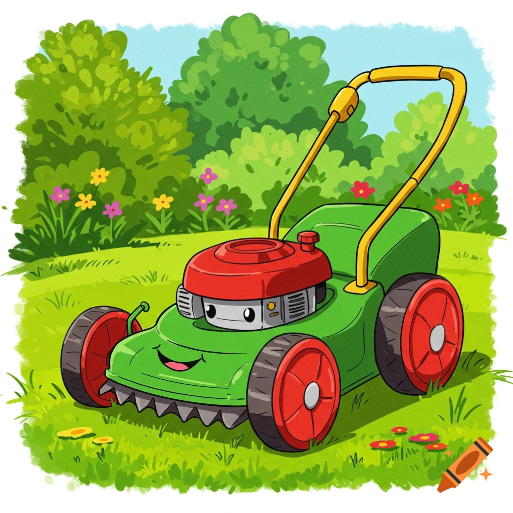 A cartoon push lawnmower with a face sits in a garden setting. on Craiyon