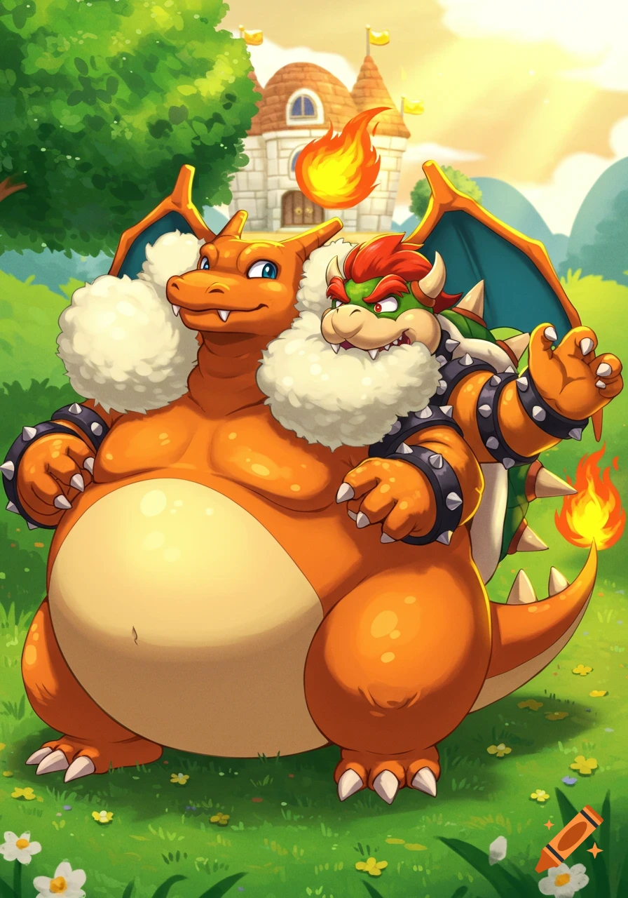 Fat Charizard and Bowser stand together in a grassy field with a castle ...