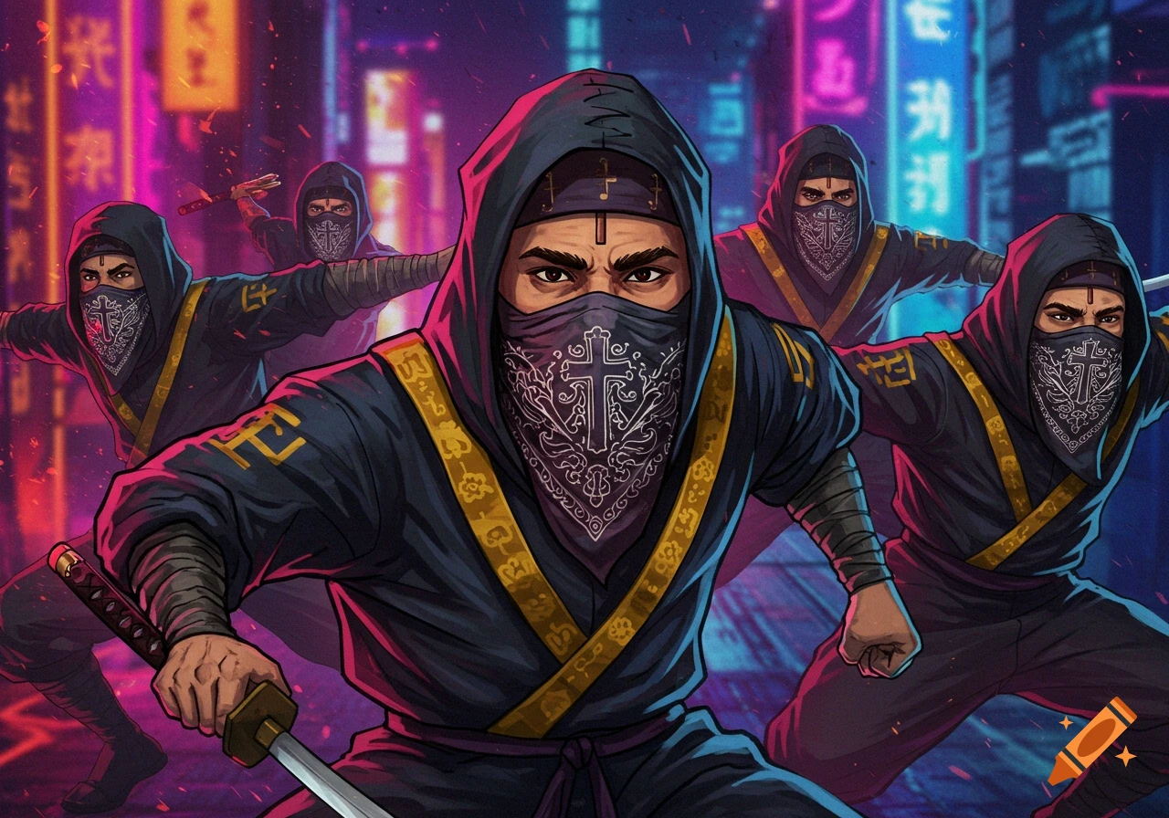 A group of ninjas with swords and cross bandanas stands ready in a neon ...