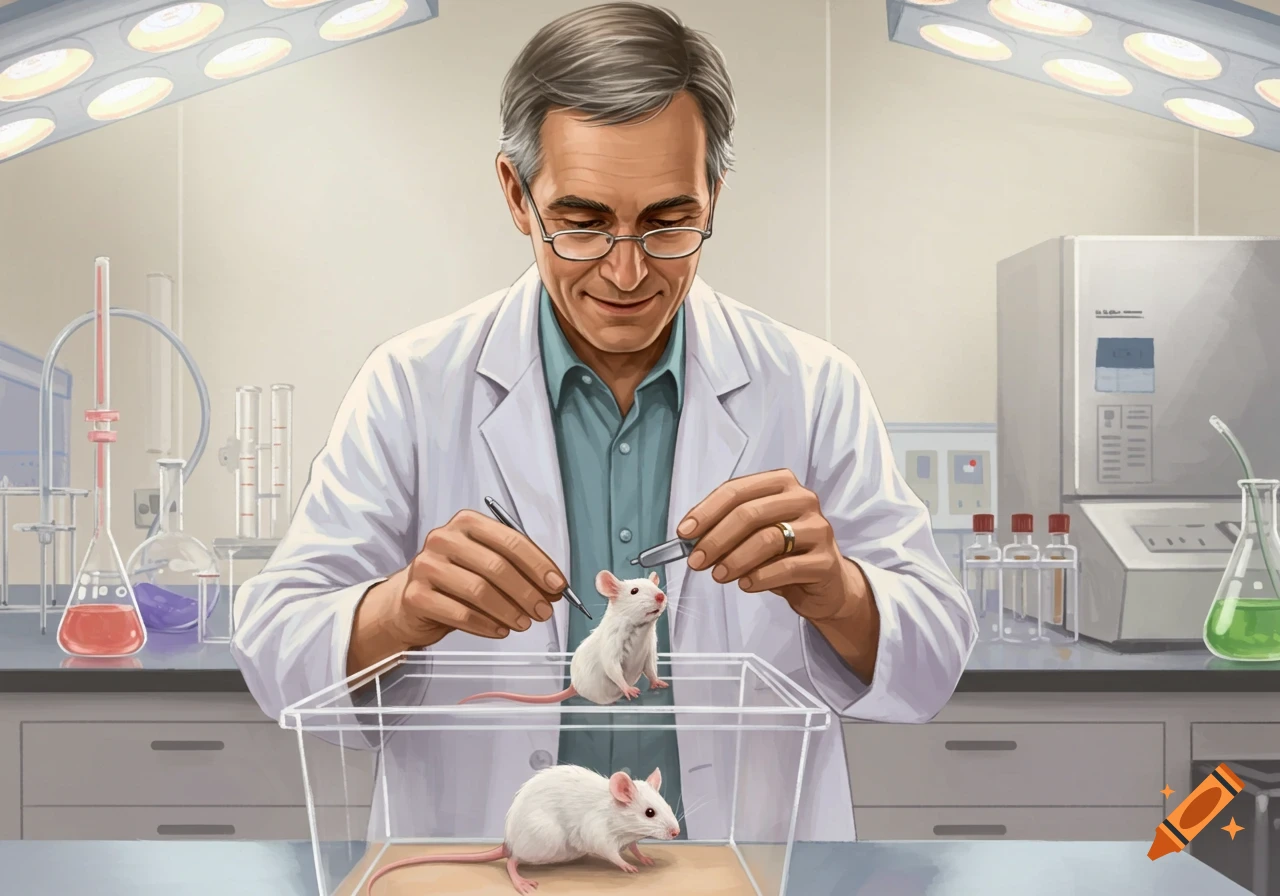 Scientist in lab coat works with mice in a laboratory cage. on Craiyon