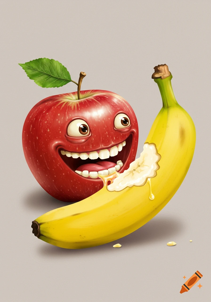 Cartoon illustration of a red apple with a goofy face eating a yellow ...
