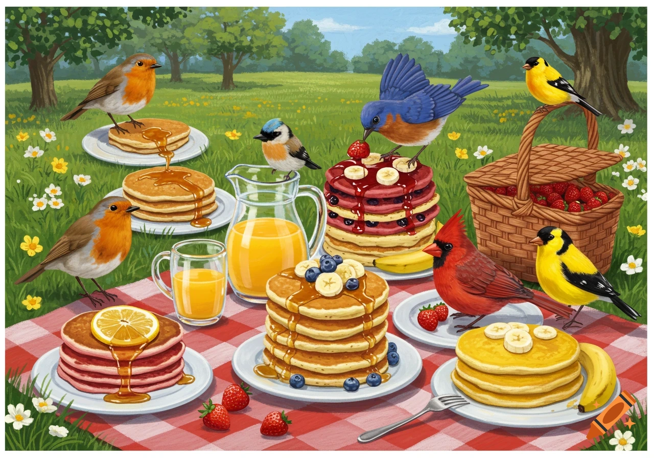 Birds eat pancakes, fruit, and juice at a picnic table on a checkered ...