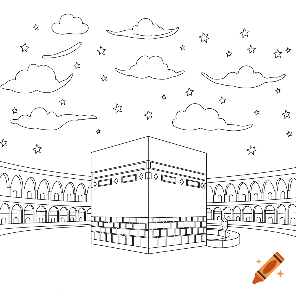 Kaaba in Mecca surrounded by clouds and stars, black and white line art ...
