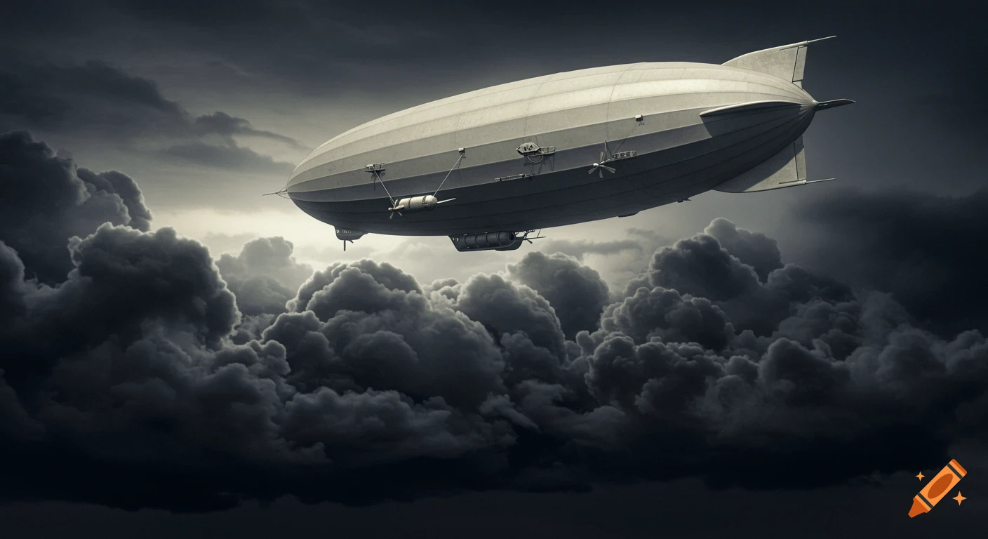 A large zeppelin floats above dark storm clouds on Craiyon