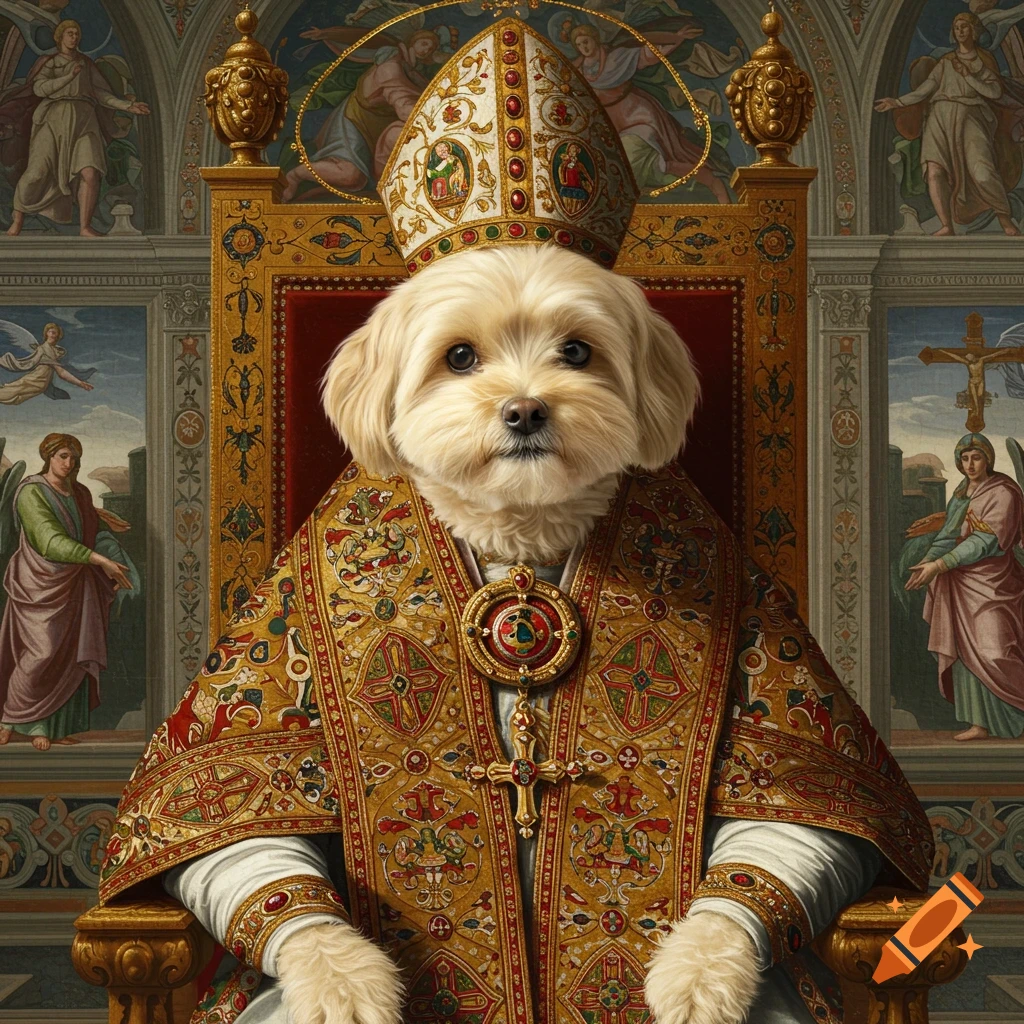 A small fluffy dog dressed as a pope sits on a grand throne in a ...