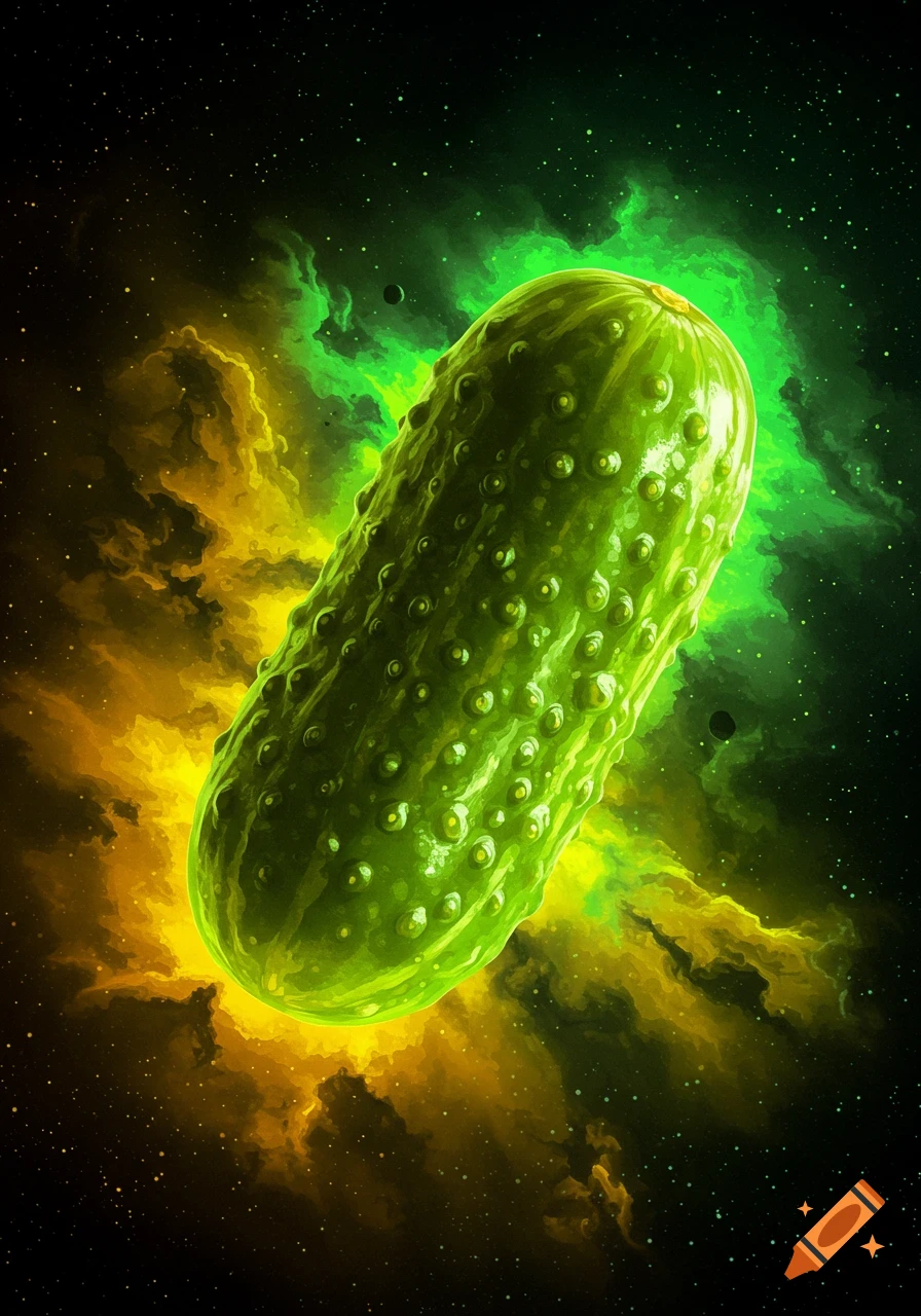 A giant pickle floats in a colorful nebula in space, surrounded by ...