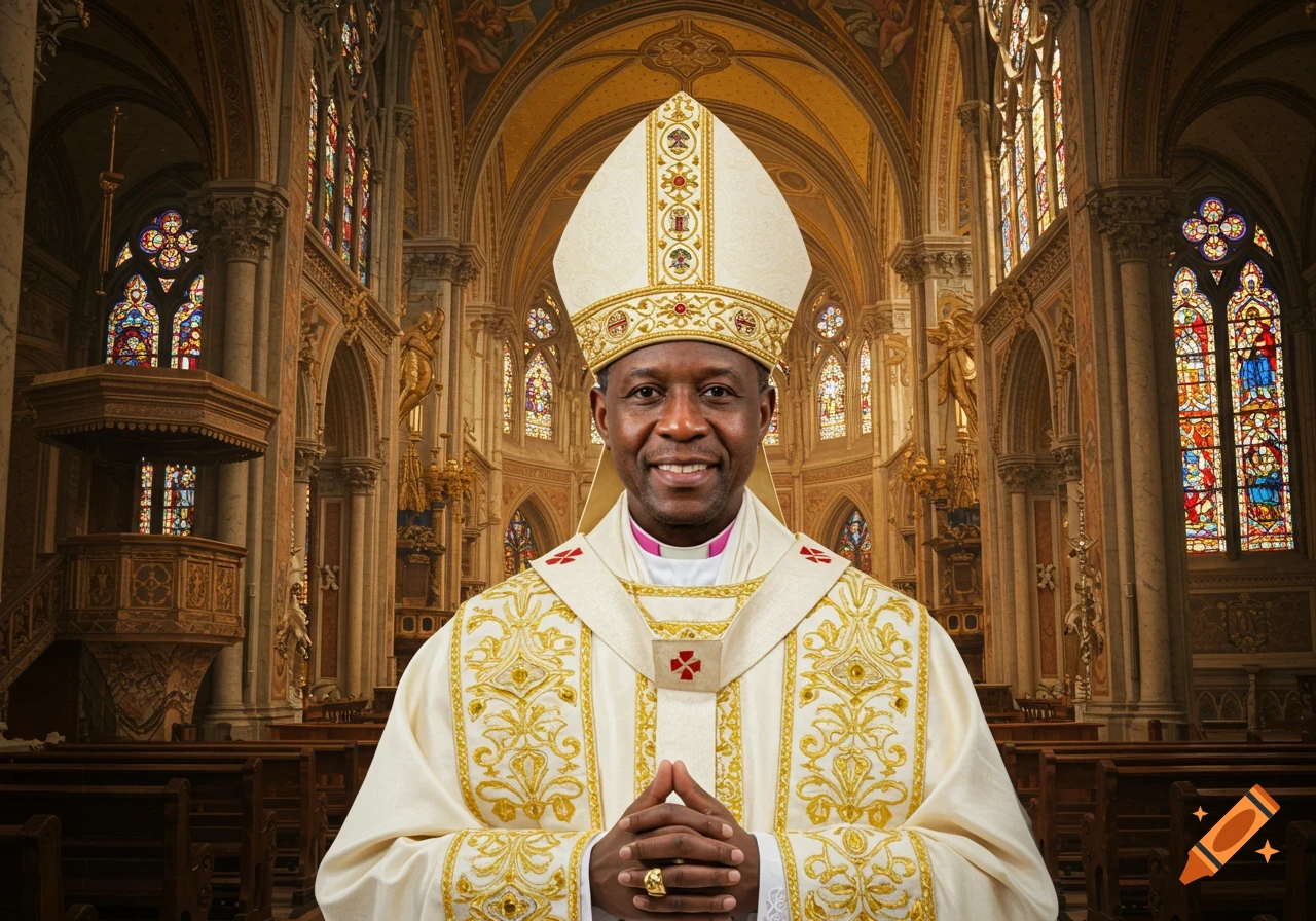 Man in bishop's robe and mitre standing in a church on Craiyon