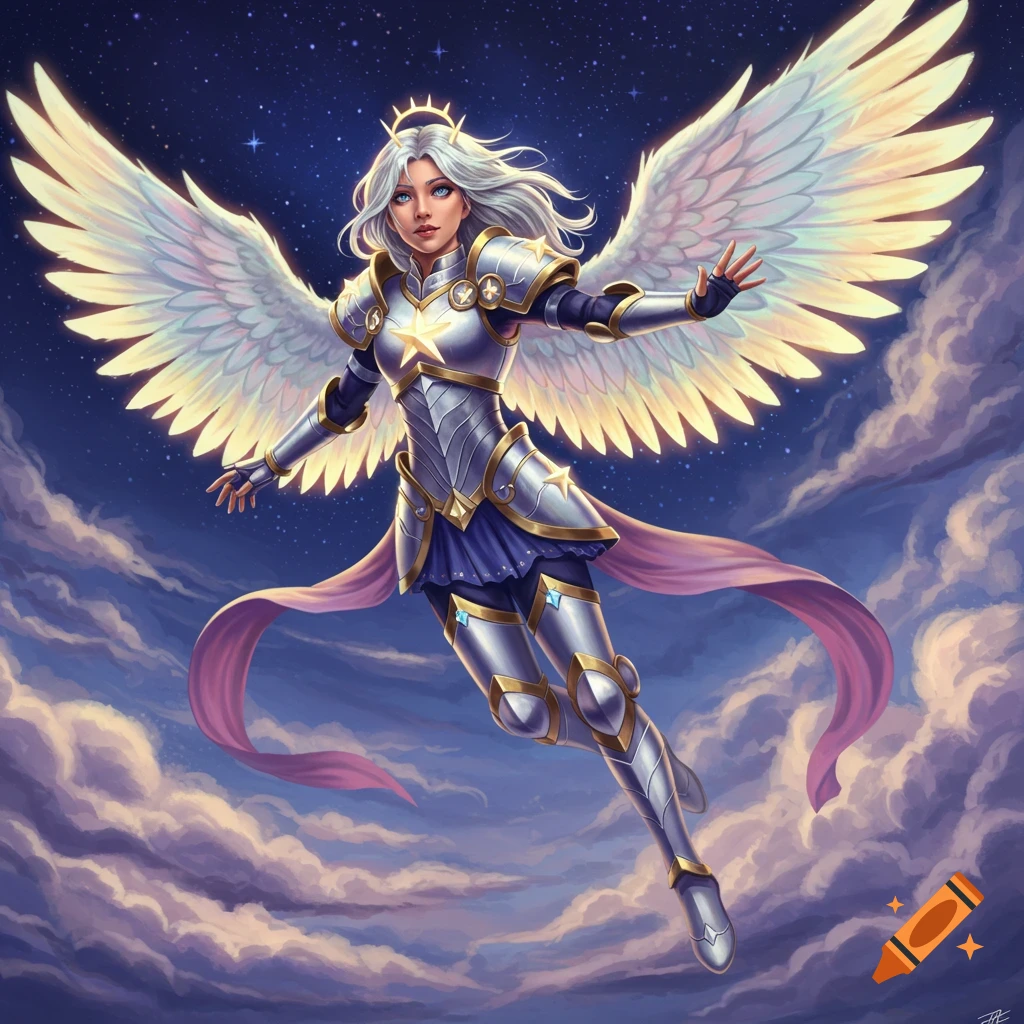 Epic hero Starlight with white hair, armor, and large wings flies through a starry sky with ...