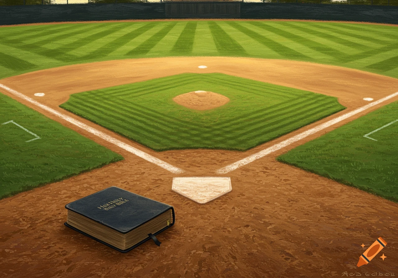 A baseball field with a bible near home plate in a digital painting style on Craiyon