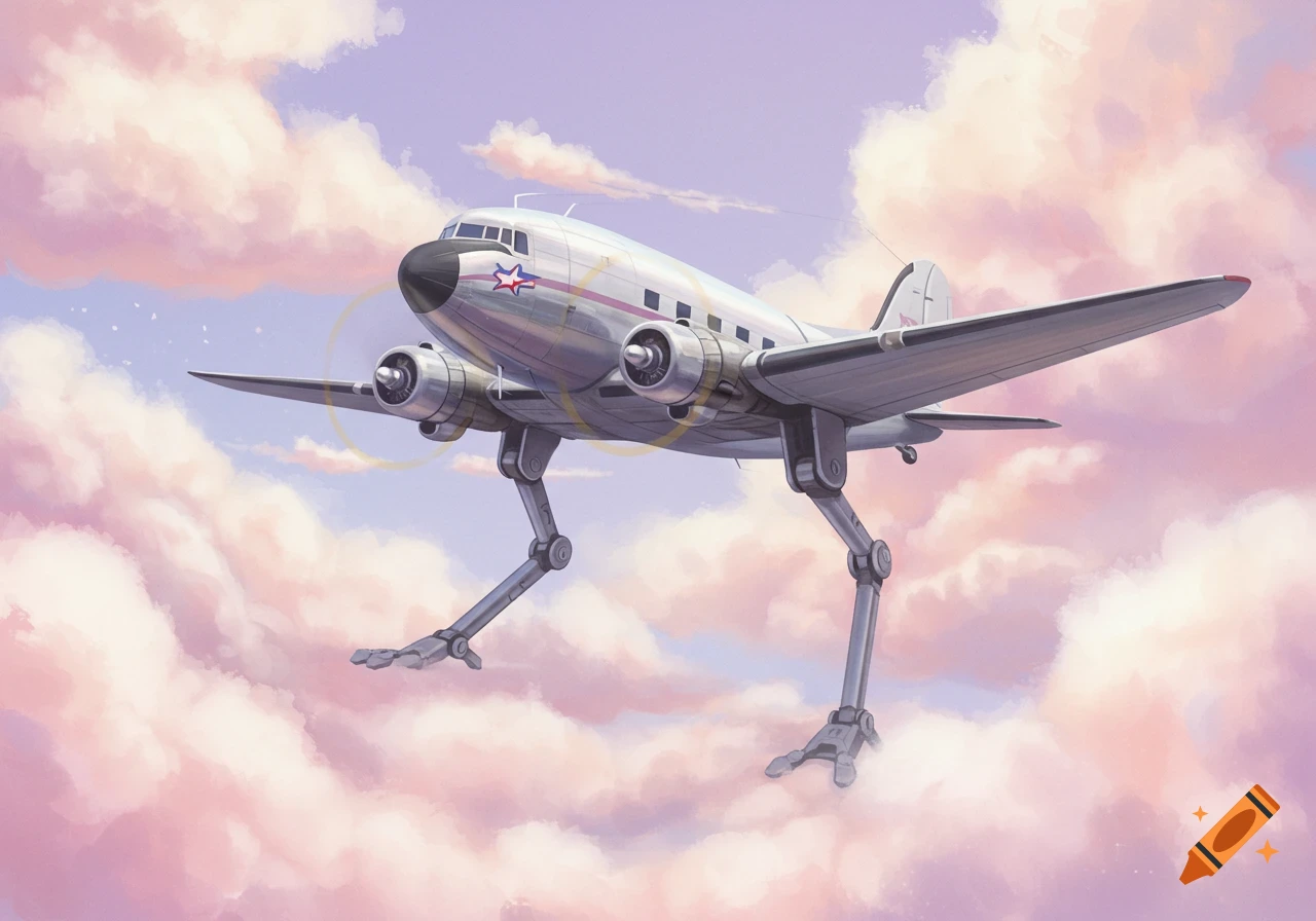 An illustration of a vintage silver airplane with mechanical legs ...