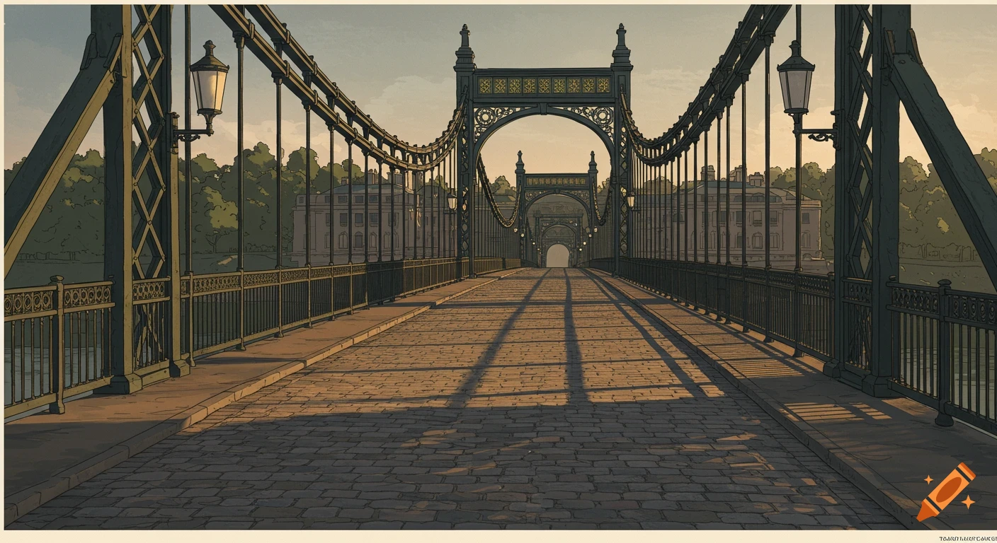 Illustrated view of an old-style bridge over water with buildings and ...