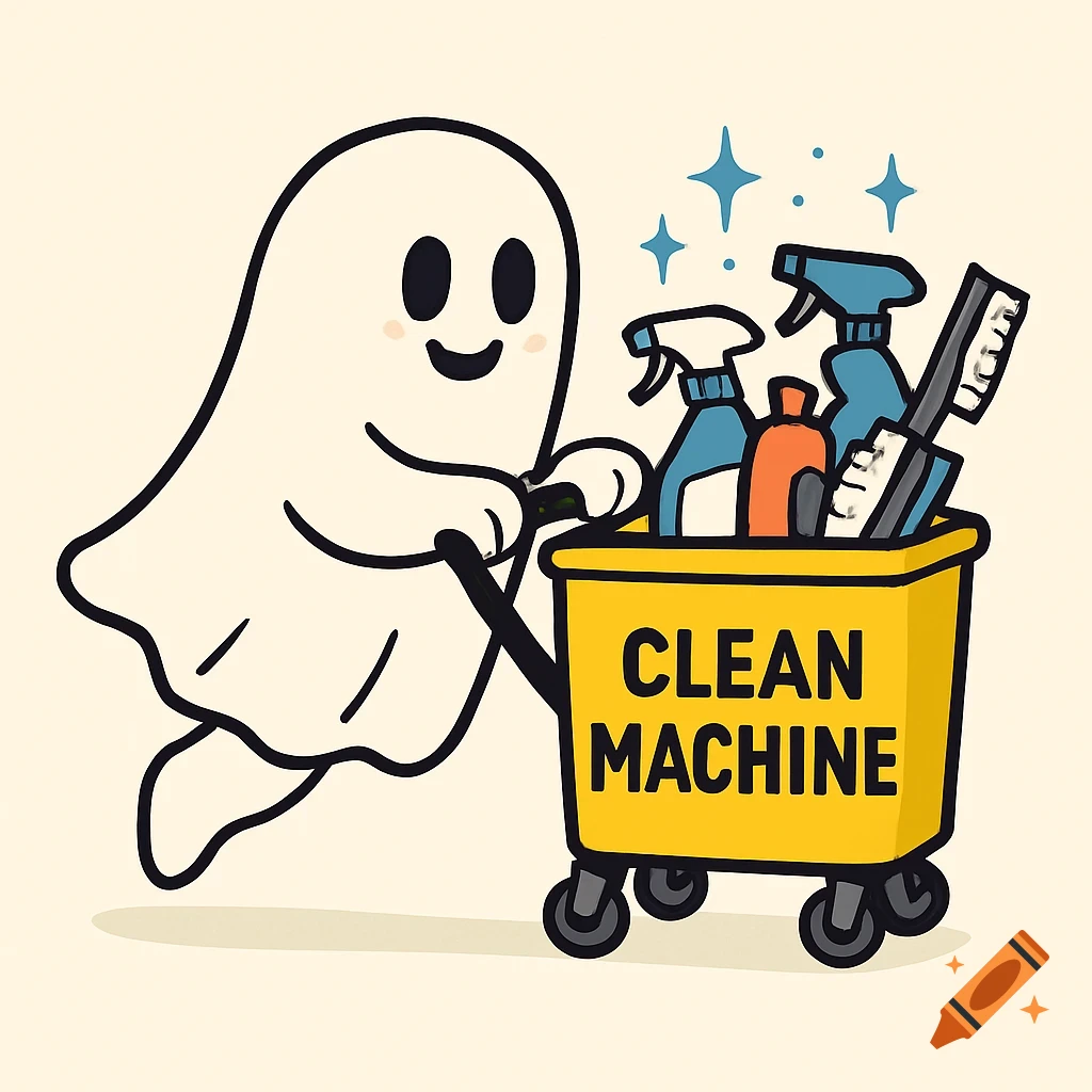A friendly cartoon ghost pushes a yellow cleaning cart filled with ...