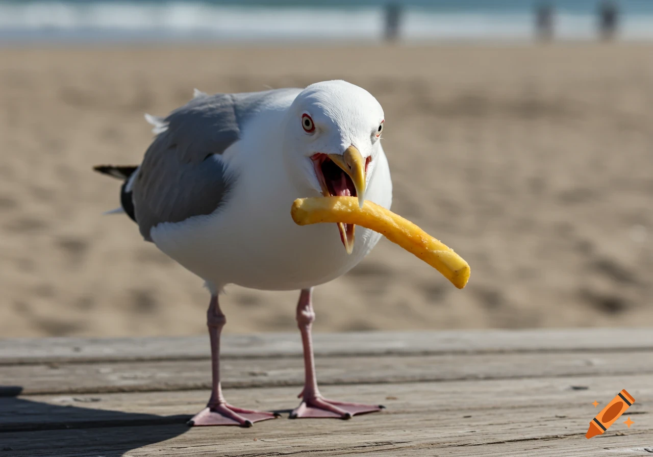 A seagull holds a french fry in its beak on a wooden pier at the beach ...