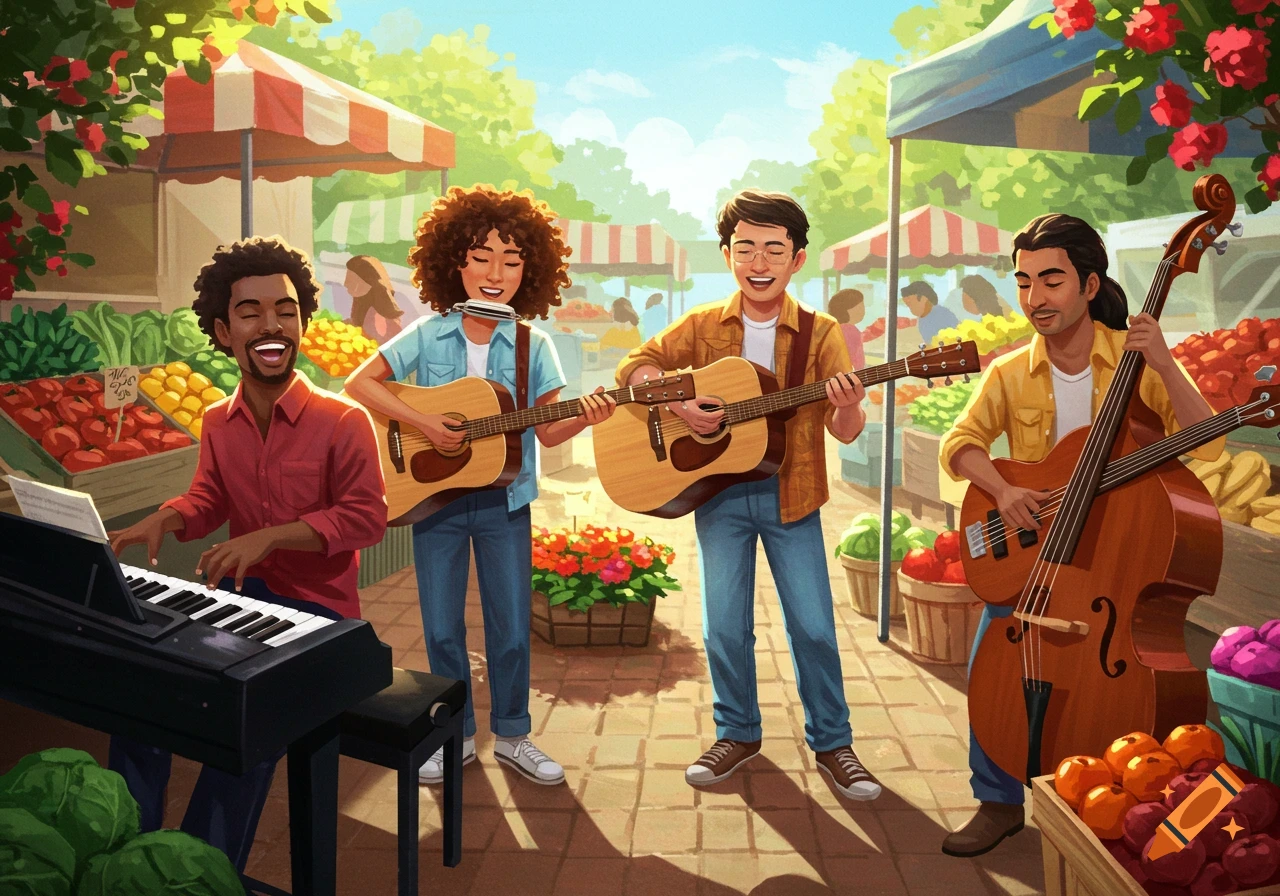 A band plays music at a sunny outdoor farmers market with produce ...