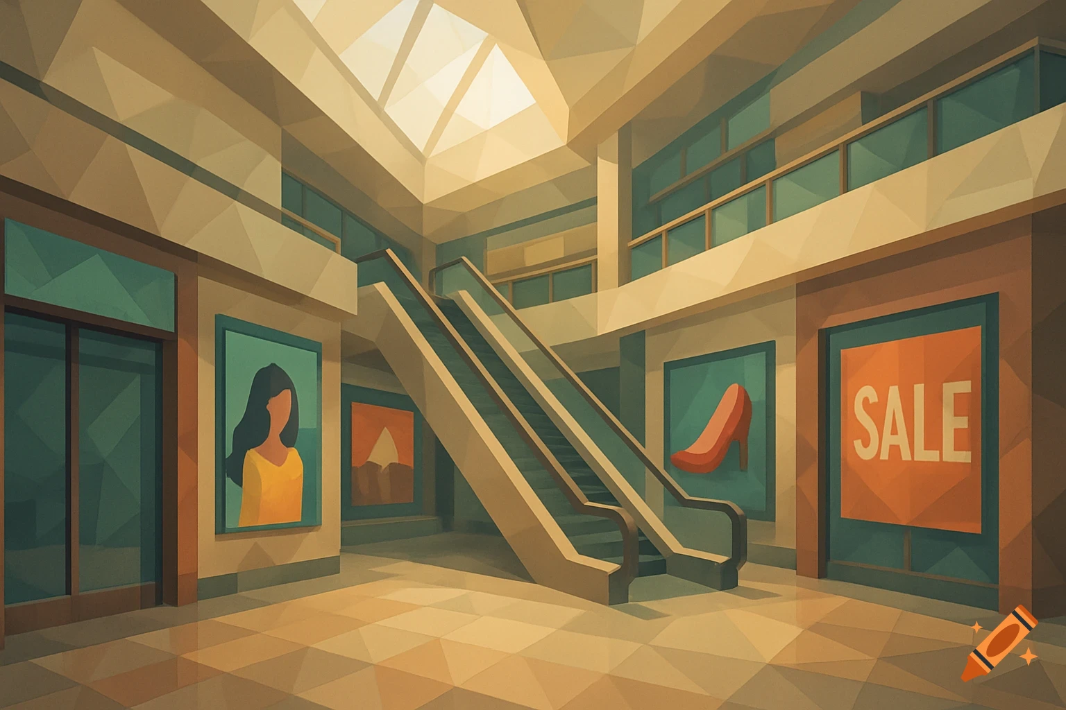 Low poly illustration of a shopping mall interior with escalators and a ...
