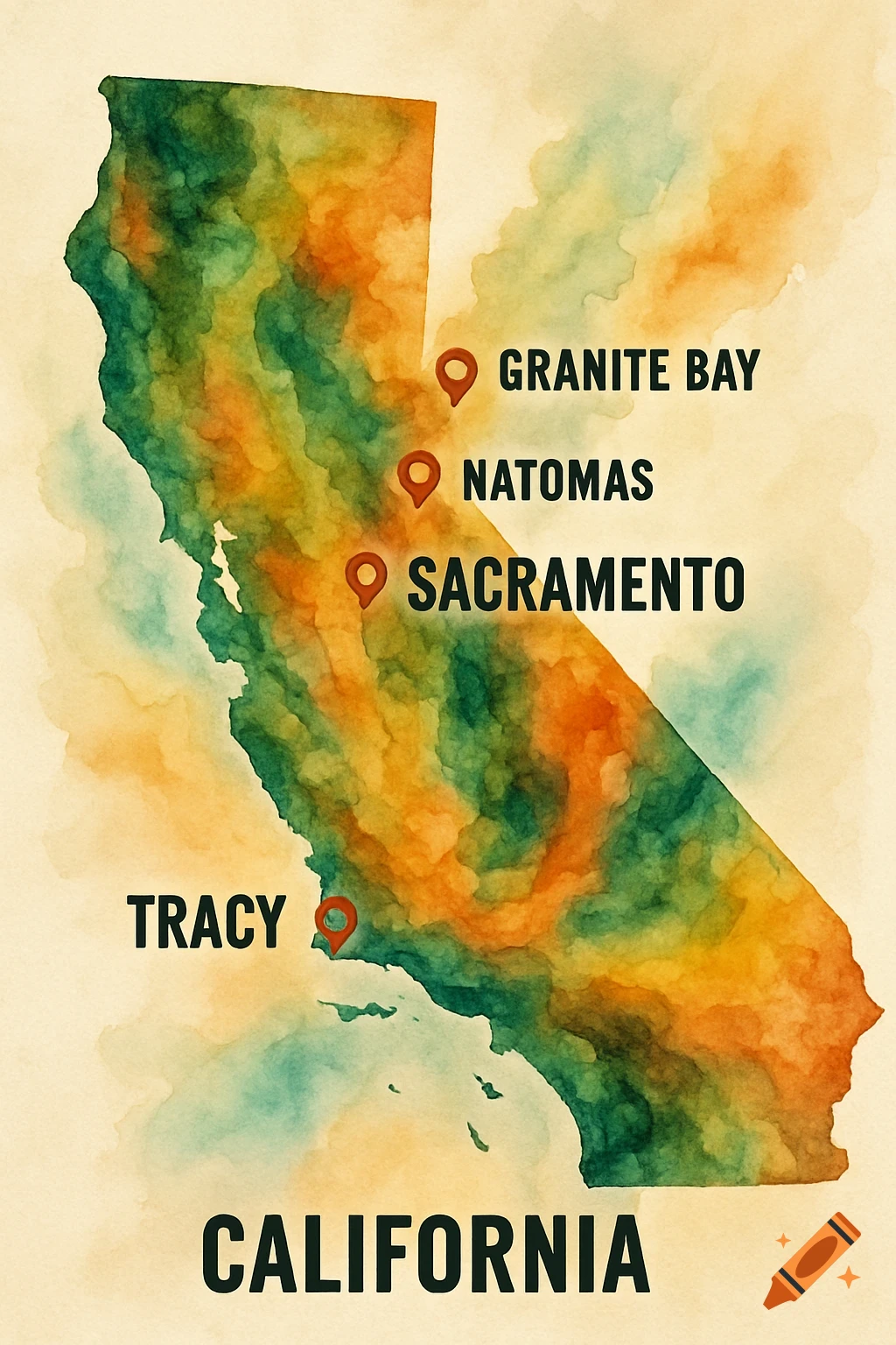 A watercolor map of California with pinned cities. on Craiyon