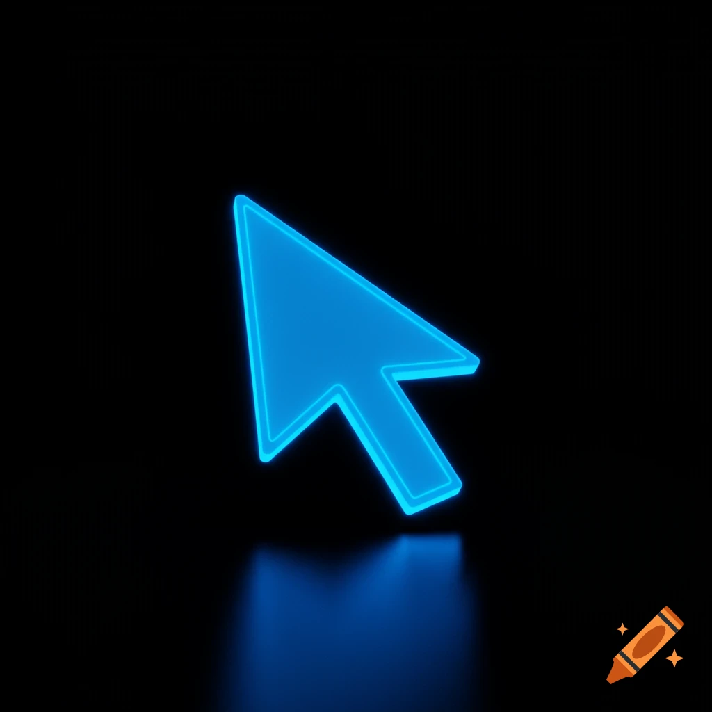 Bright blue glowing computer mouse cursor on a black background with ...