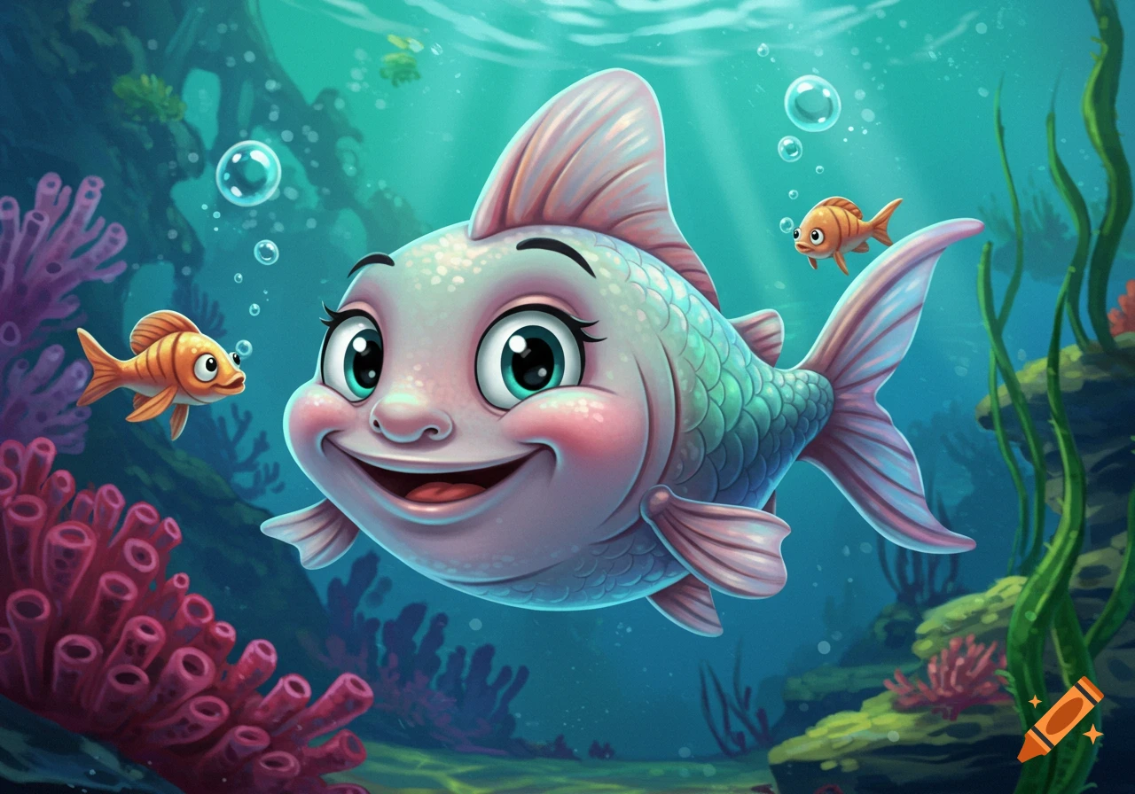 A friendly cartoon fish with a human-like face smiles underwater with ...