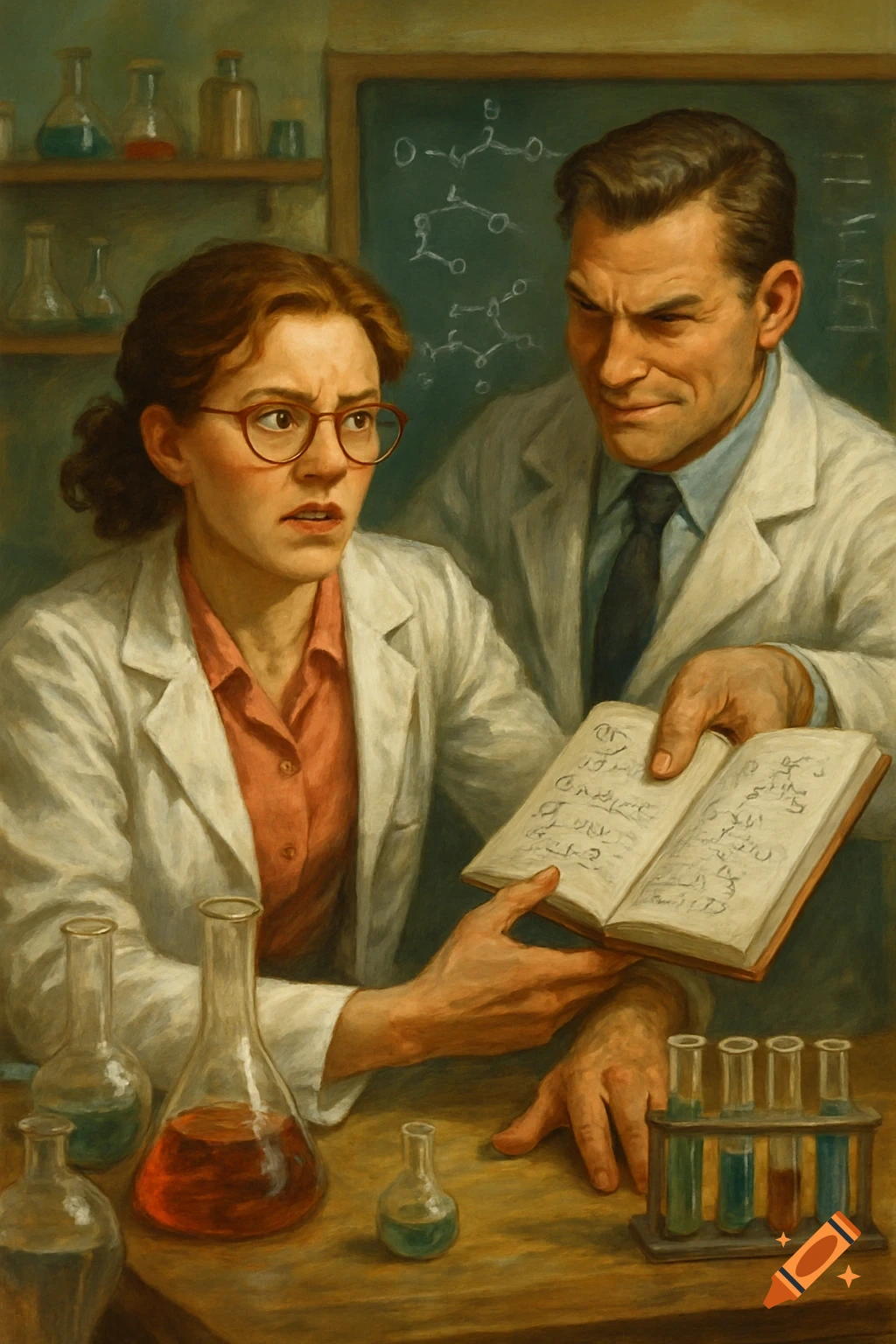 Painting of two scientists in a lab, one showing the other notes in a ...