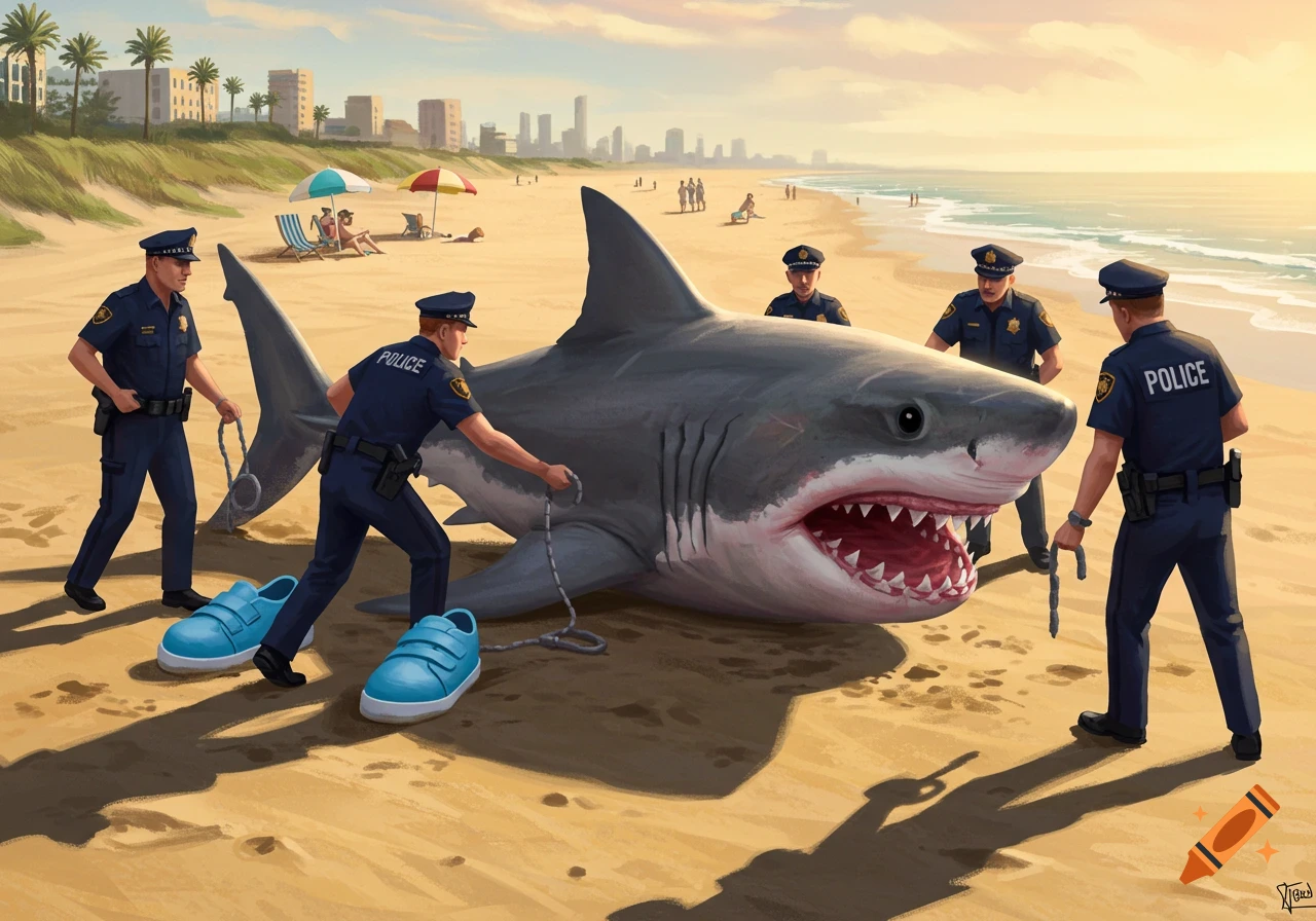 Illustrated scene of police arresting a shark in blue shoes on a beach ...