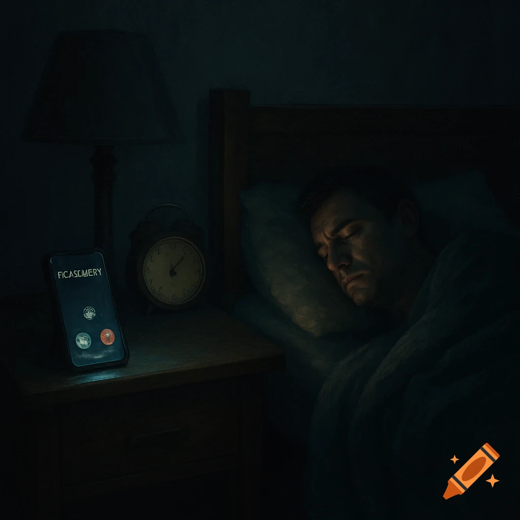 A man sleeps in a dark bedroom next to a nightstand with a phone ...