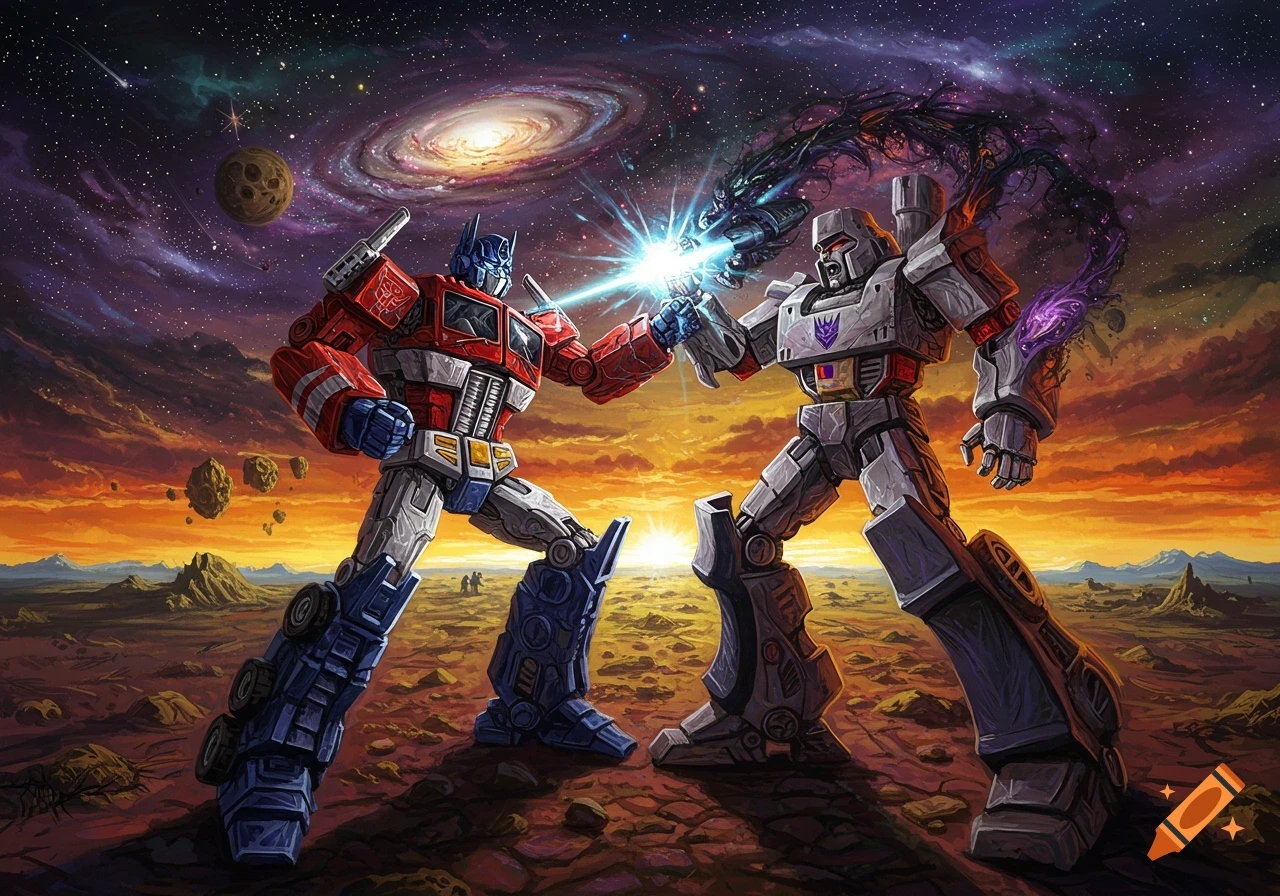 Optimus Prime and Megatron battle on an alien world under a galaxy sky ...