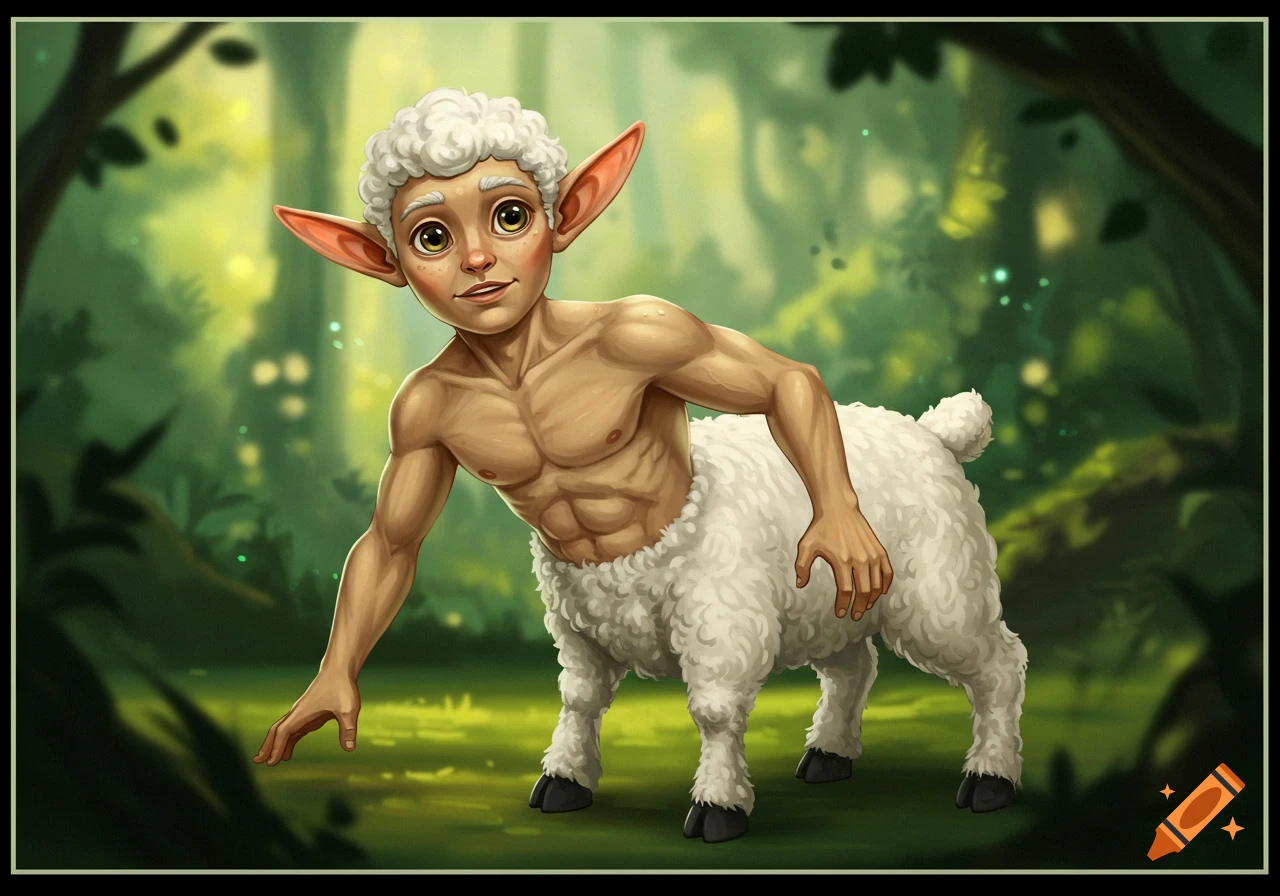 An illustration of a sheep centaur creature in a forest. on Craiyon