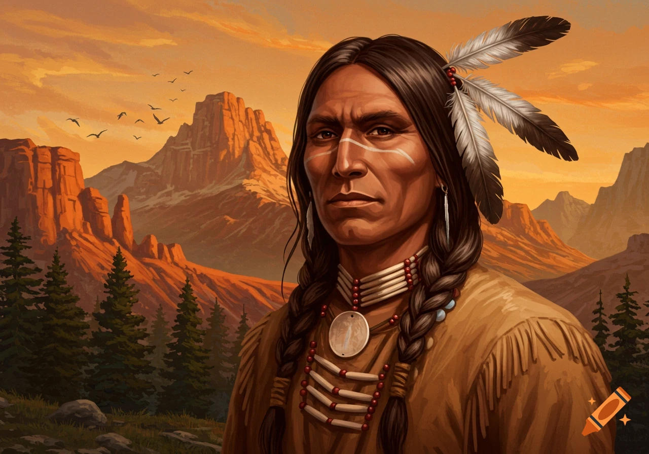 Painting of a Native American man with braids and feathers, against a ...