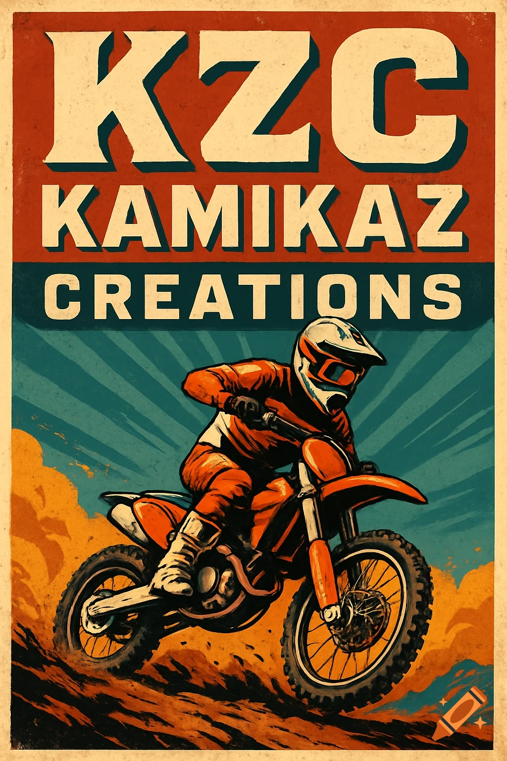 Motocross rider on a dirt bike in a stylized poster with text. on Craiyon