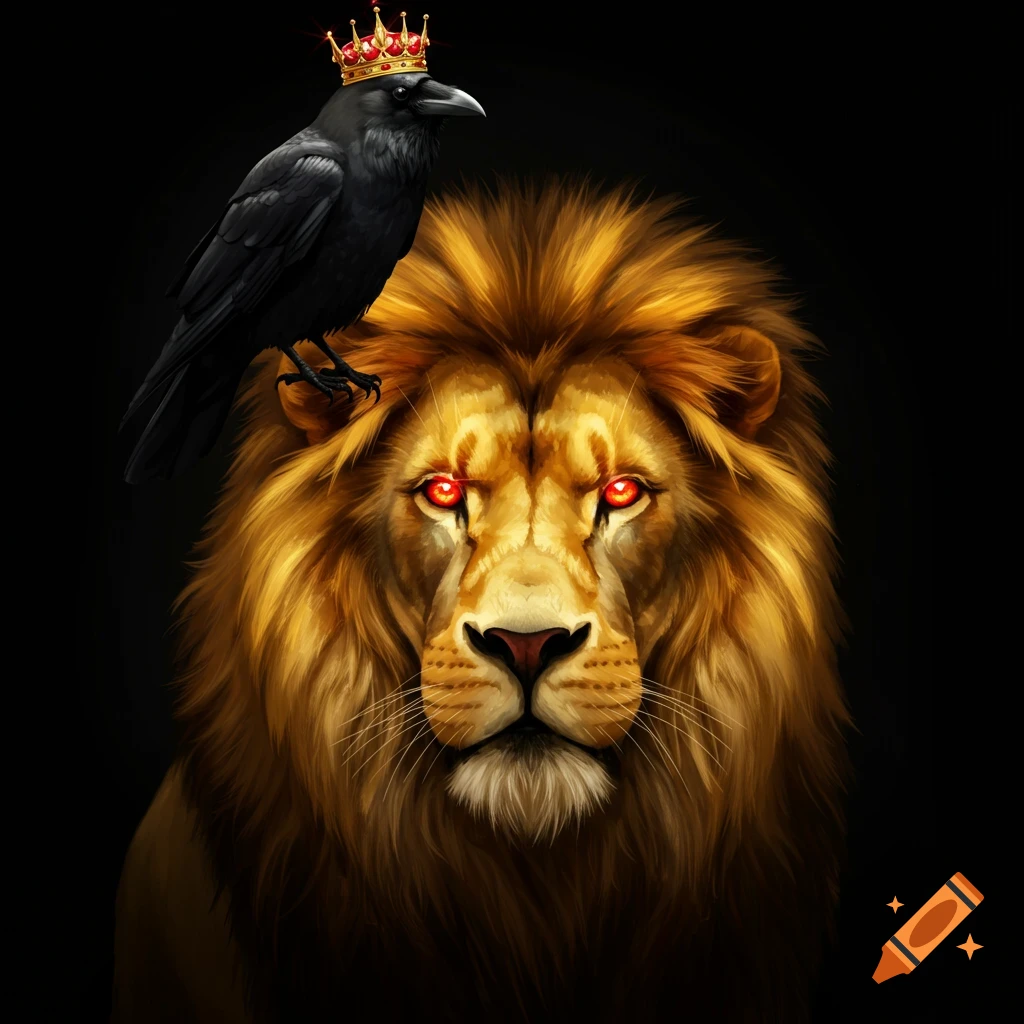 A lion's head with glowing red eyes and a crow wearing a golden crown ...