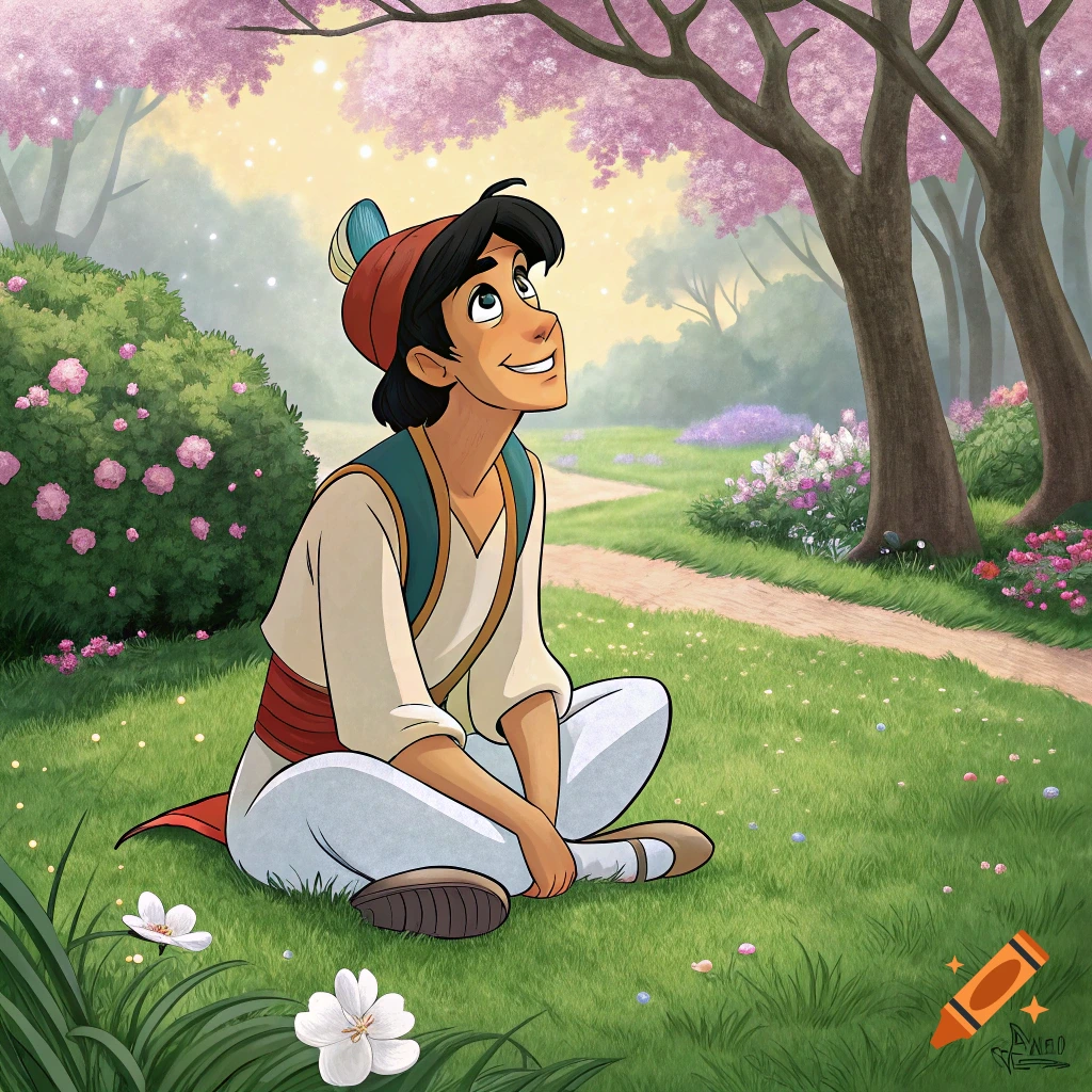 Cartoon Aladdin sitting in a sunny spring garden under cherry blossom ...
