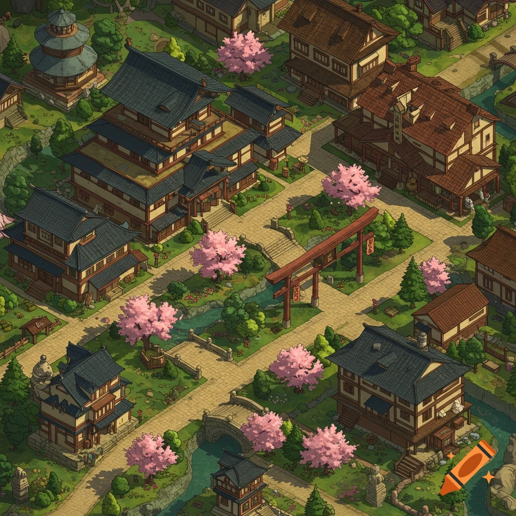 Isometric view of a Japanese town with traditional buildings, cherry ...