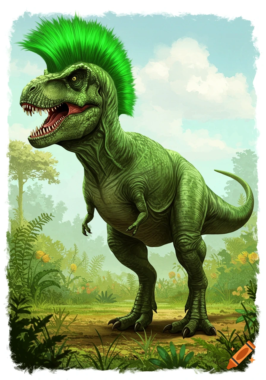 A green T-Rex with a bright green mohawk stands in a lush jungle ...