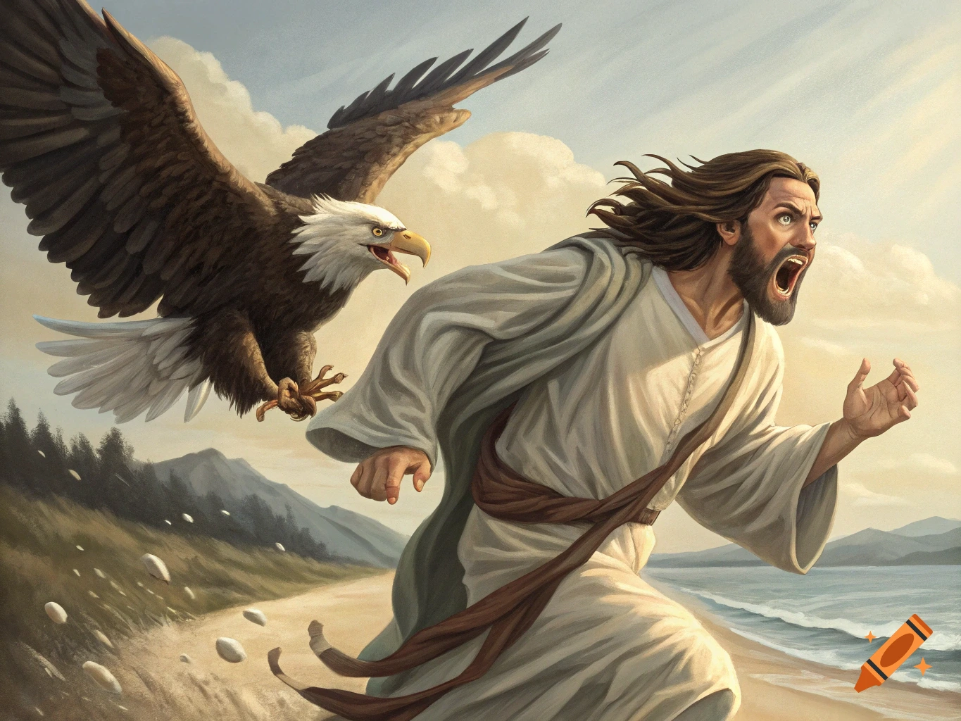 Jesus Christ running from a bald eagle on a beach. on Craiyon