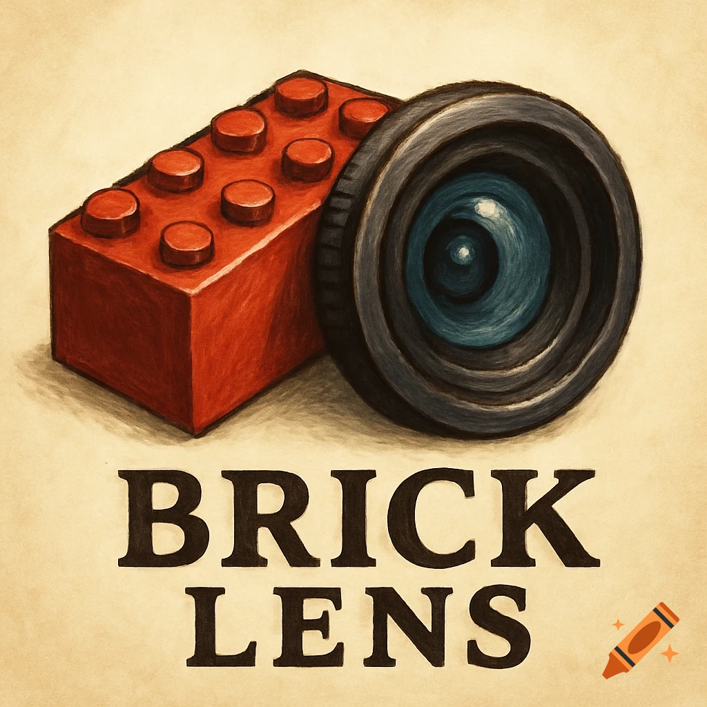 Illustration of a red toy brick and a camera lens with the text BRICK ...