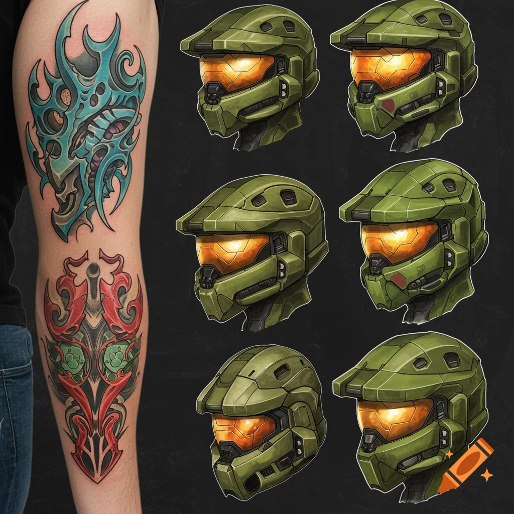 Illustrations of Master Chief helmets and tattoo designs on an arm on ...