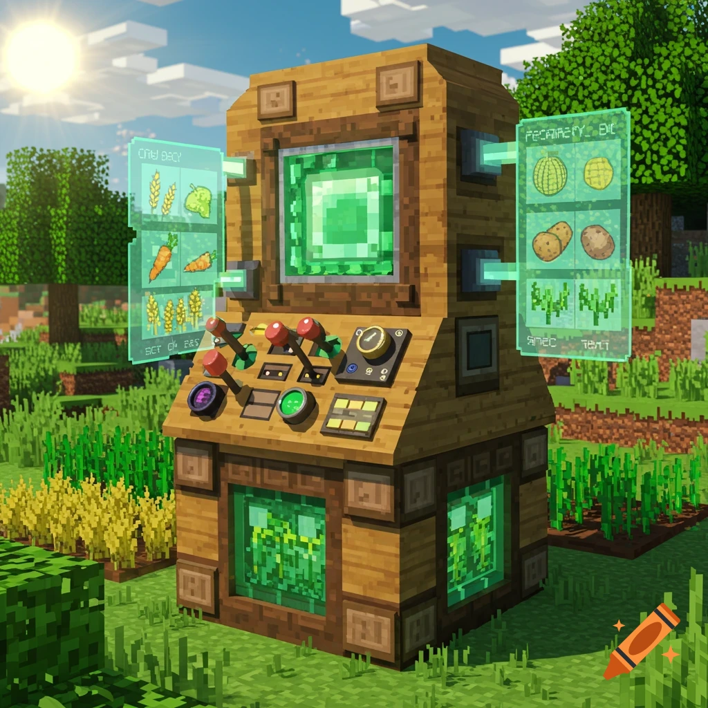 Minecraft style machine with screens showing crops in a sunny field. on ...