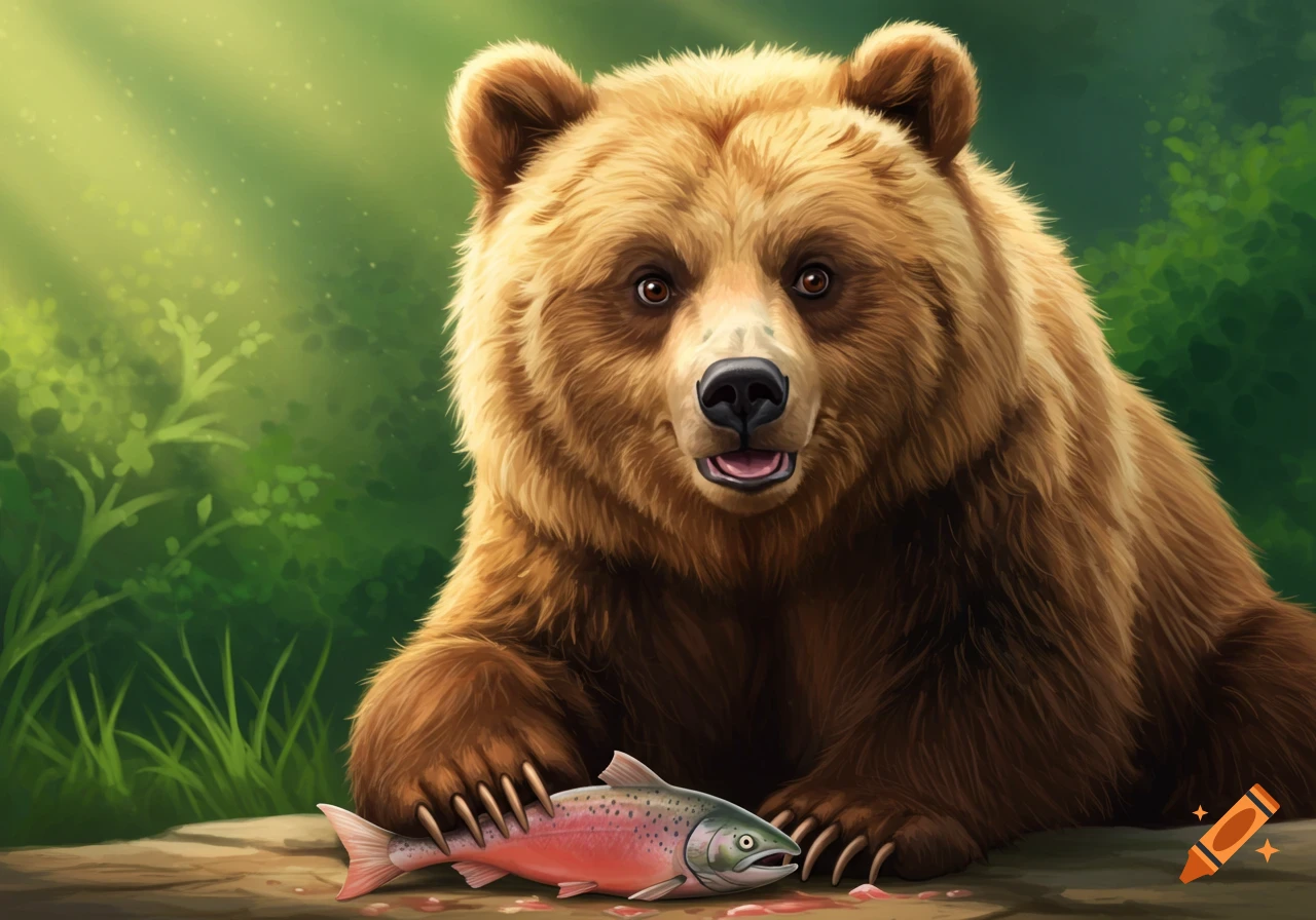 Illustration of a brown bear holding a salmon in a forest. on Craiyon