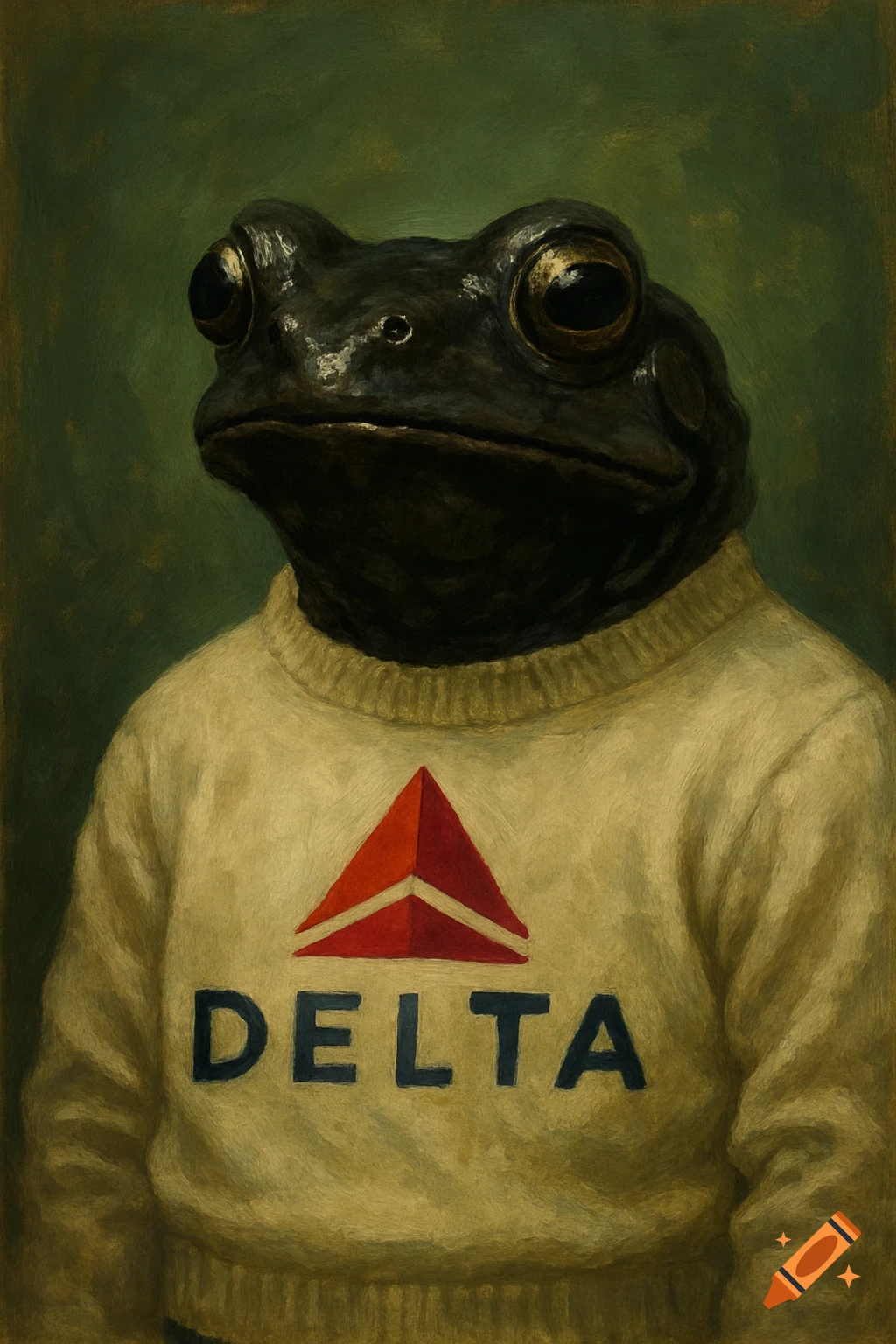 A frog wearing a yellow Delta Airlines sweater in a painterly style. on ...