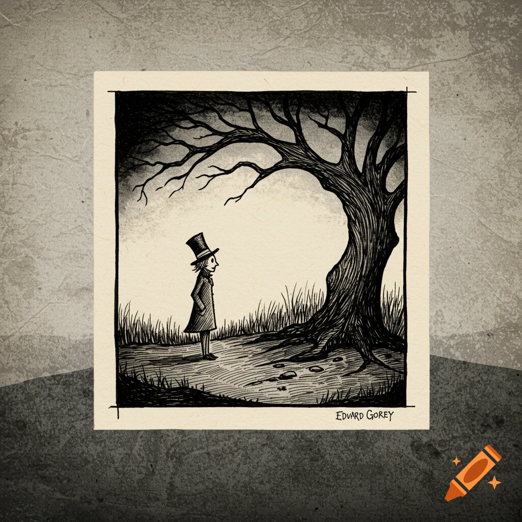 Edward Gorey style scratchy drawing of a figure in a top hat by a dark ...