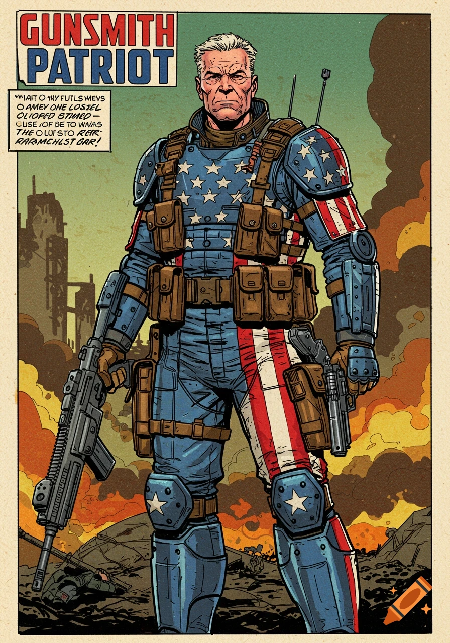 Comic book style illustration of a man in tactical gear with US flag ...
